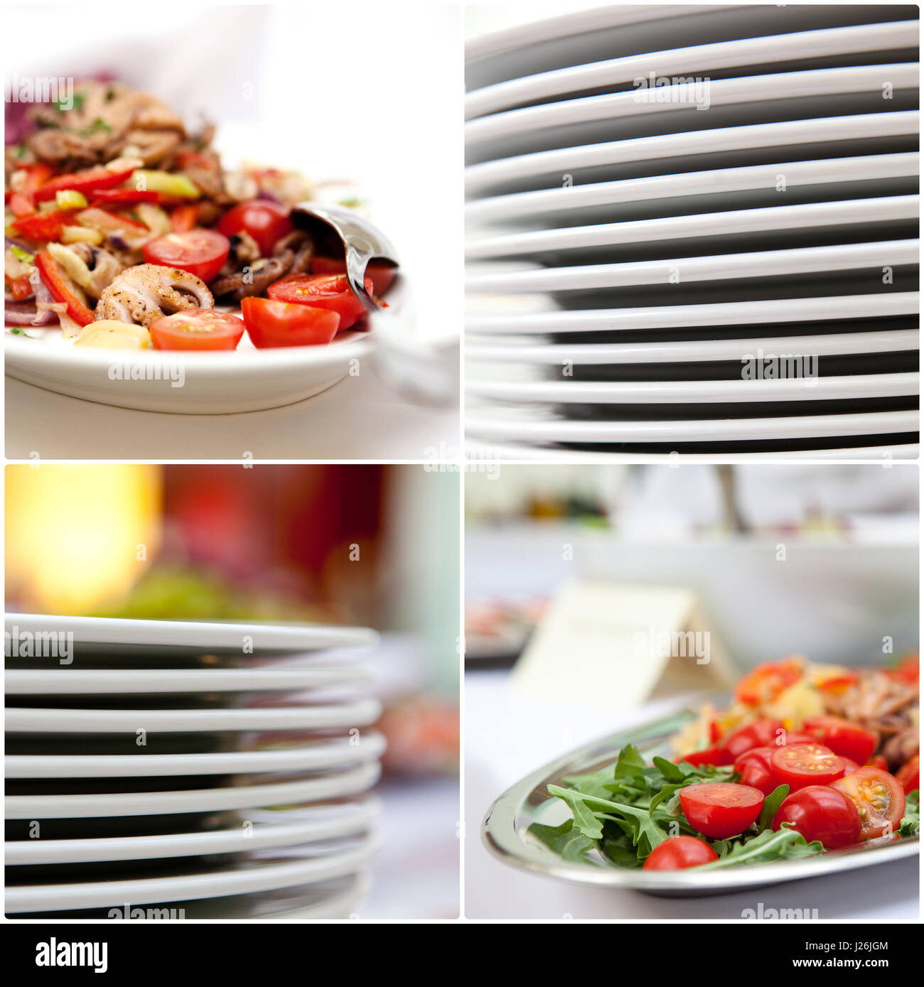 Cooking, food and home concept - vegetable salads. Table setting Stock ...