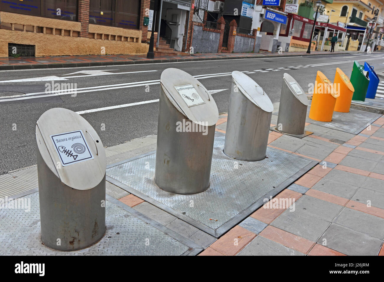 Public recycling system in street, Fuengirola, Spain Stock Photo - Alamy