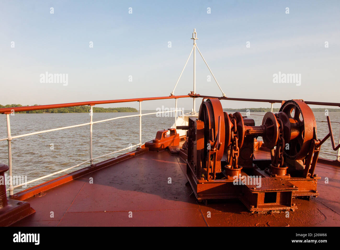 Bow of the ferry boat from Belem to Marajo, in the Amazon river mouth ...