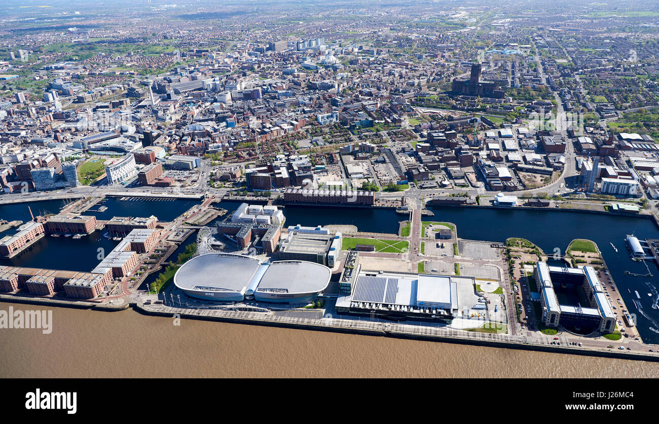 Liverpool Waterfront from the air, Merseyside, North West England, UK ...