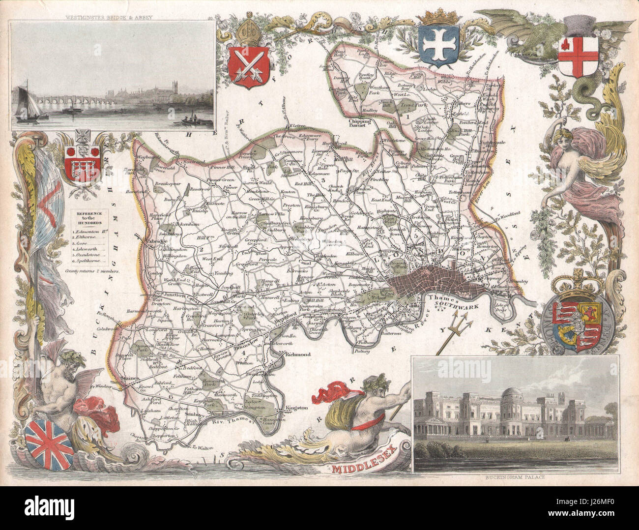 North & West LONDON. Middlesex antique hand-coloured county map. MOULE ...