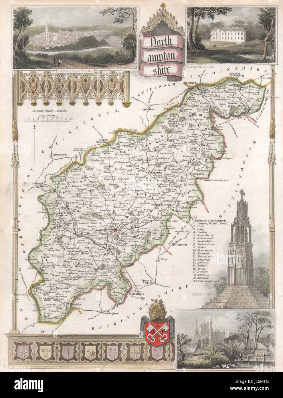 Northamptonshire antique hand-coloured county map. Railways. MOULE ...