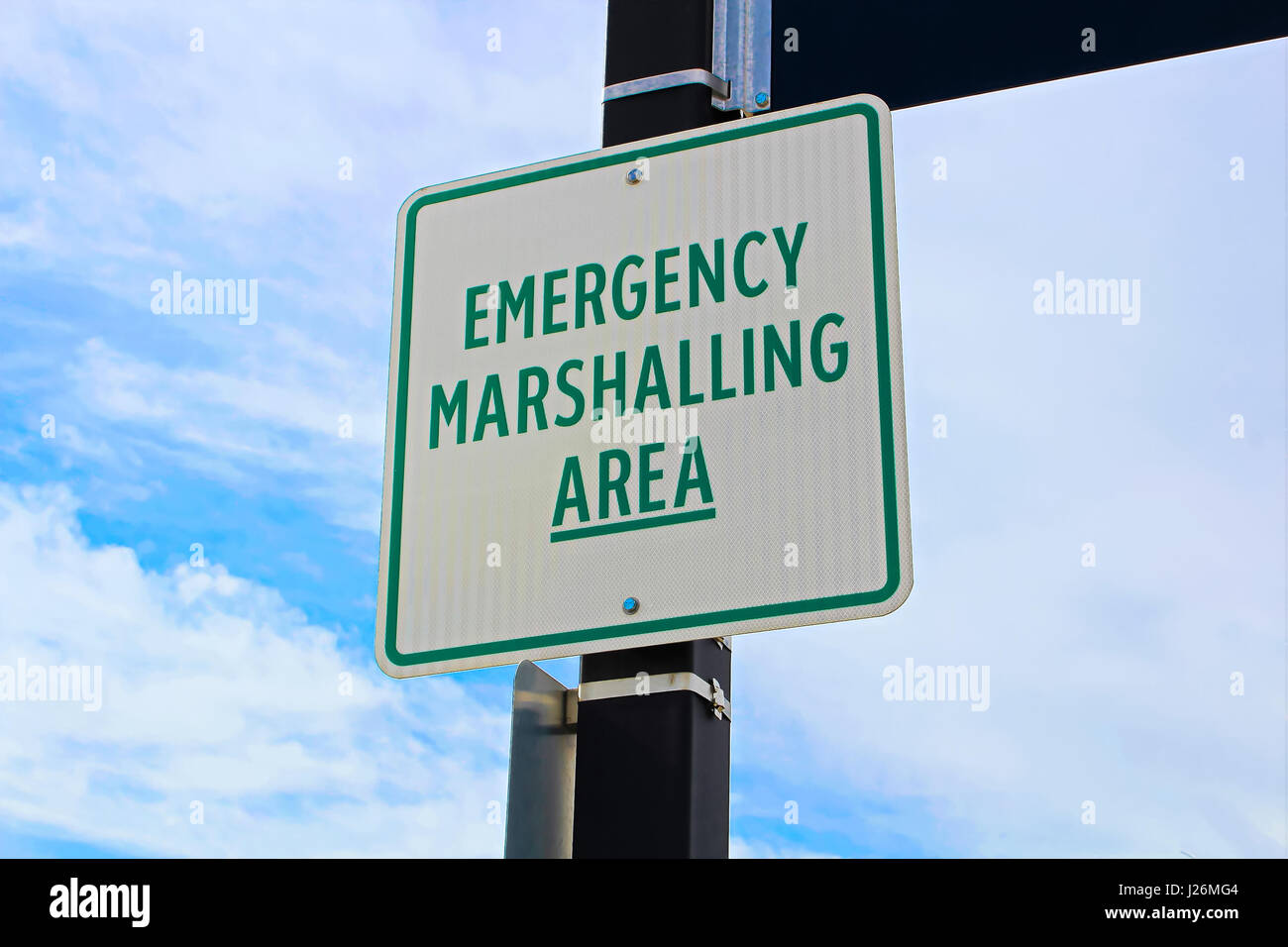 Emergency marshalling area sign on a street pole Stock Photo - Alamy