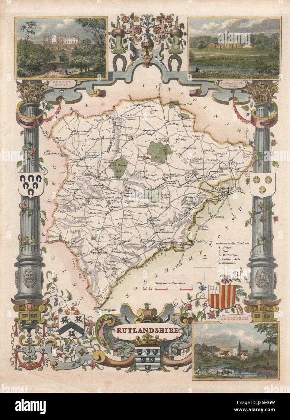 Rutlandshire antique hand-coloured county map. Empingham Normanton ...