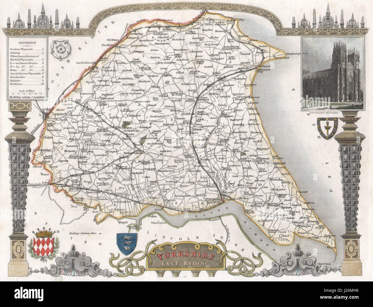 Yorkshire East Riding antique county map. Hand coloured. Railways ...