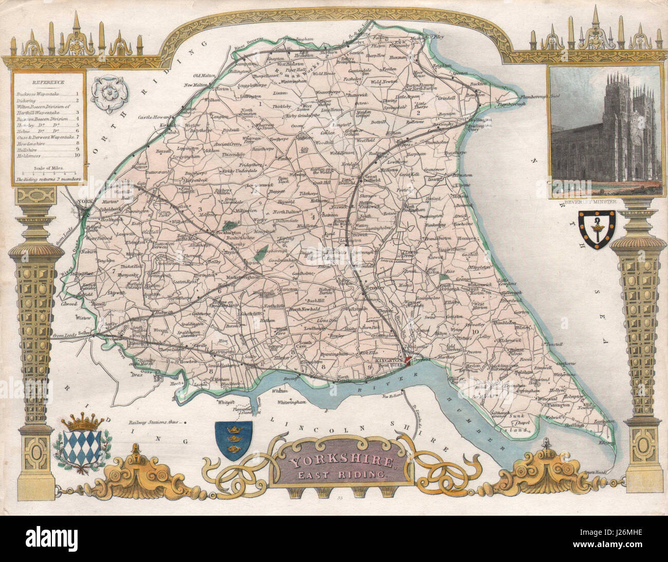 Yorkshire East Riding antique hand-coloured county map. Railways. MOULE ...