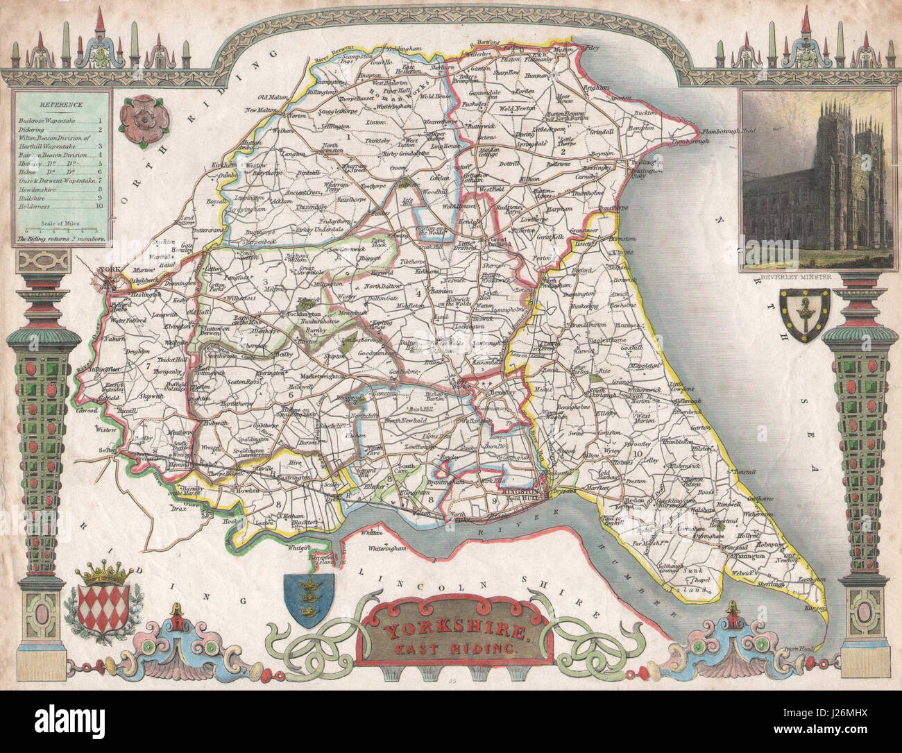 Yorkshire, East Riding antique hand-coloured county map. Wapentakes ...