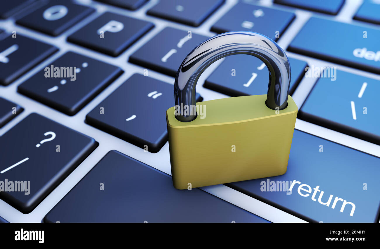 Online digital data and cyber security concept with a closed padlock on a computer keyboard 3D ...
