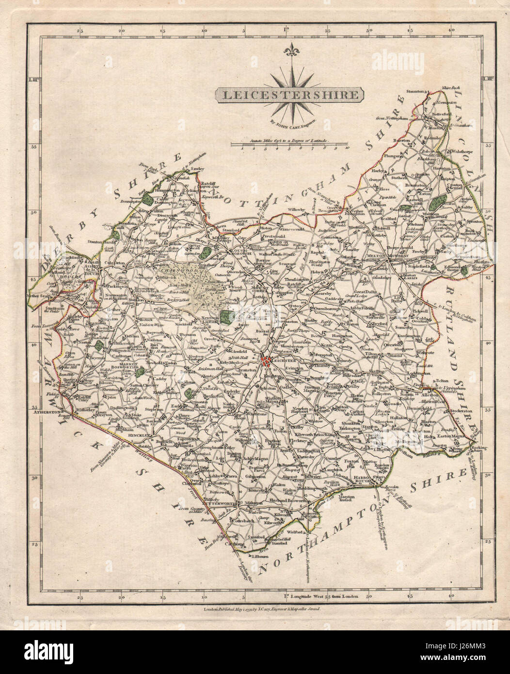 Antique county map of LEICESTERSHIRE by JOHN CARY. Original outline ...