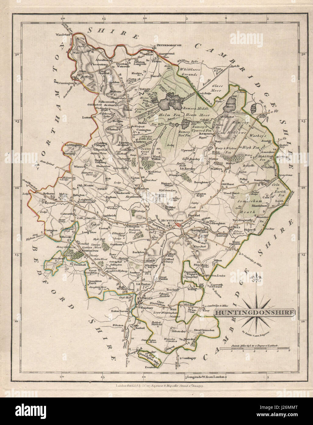 Antique county map of HUNTINGDONSHIRE by JOHN CARY. Kimbolton St Neots ...