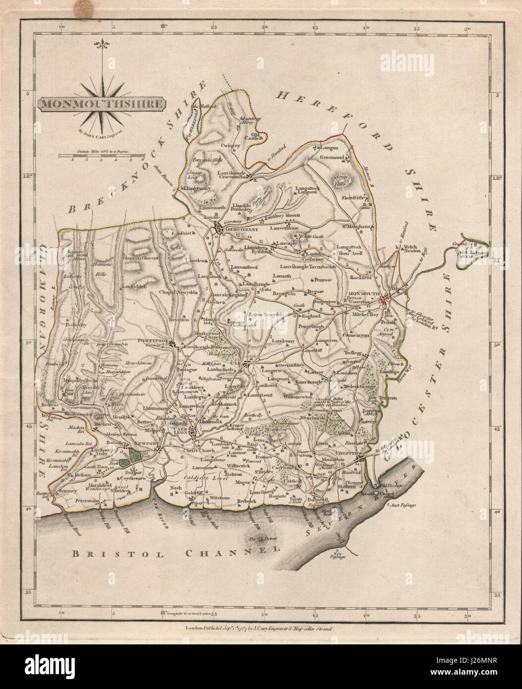 Antique county map of MONMOUTHSHIRE by JOHN CARY. Wye Valley. Tintern ...