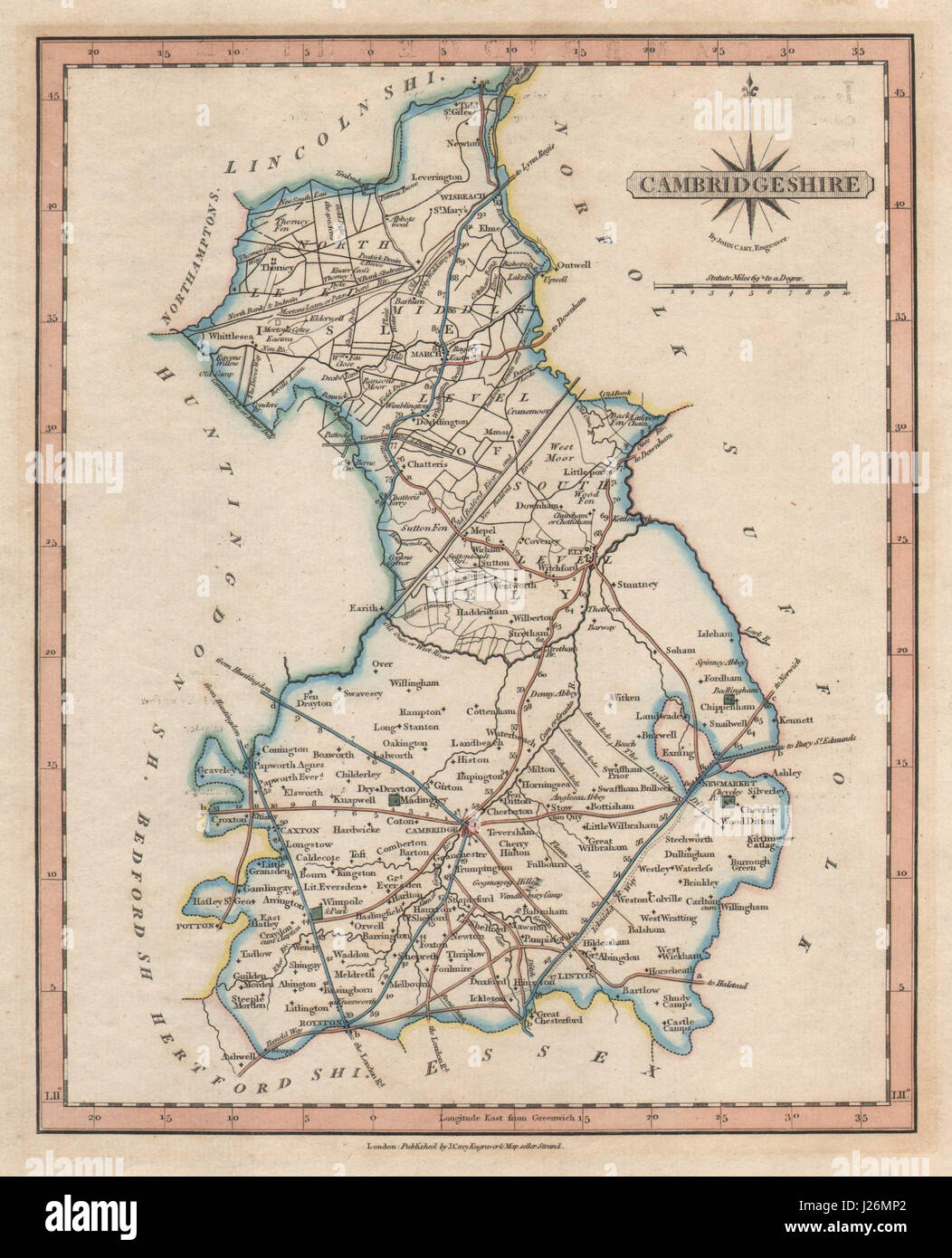Antique county map of CAMBRIDGESHIRE by JOHN CARY. Original outline ...
