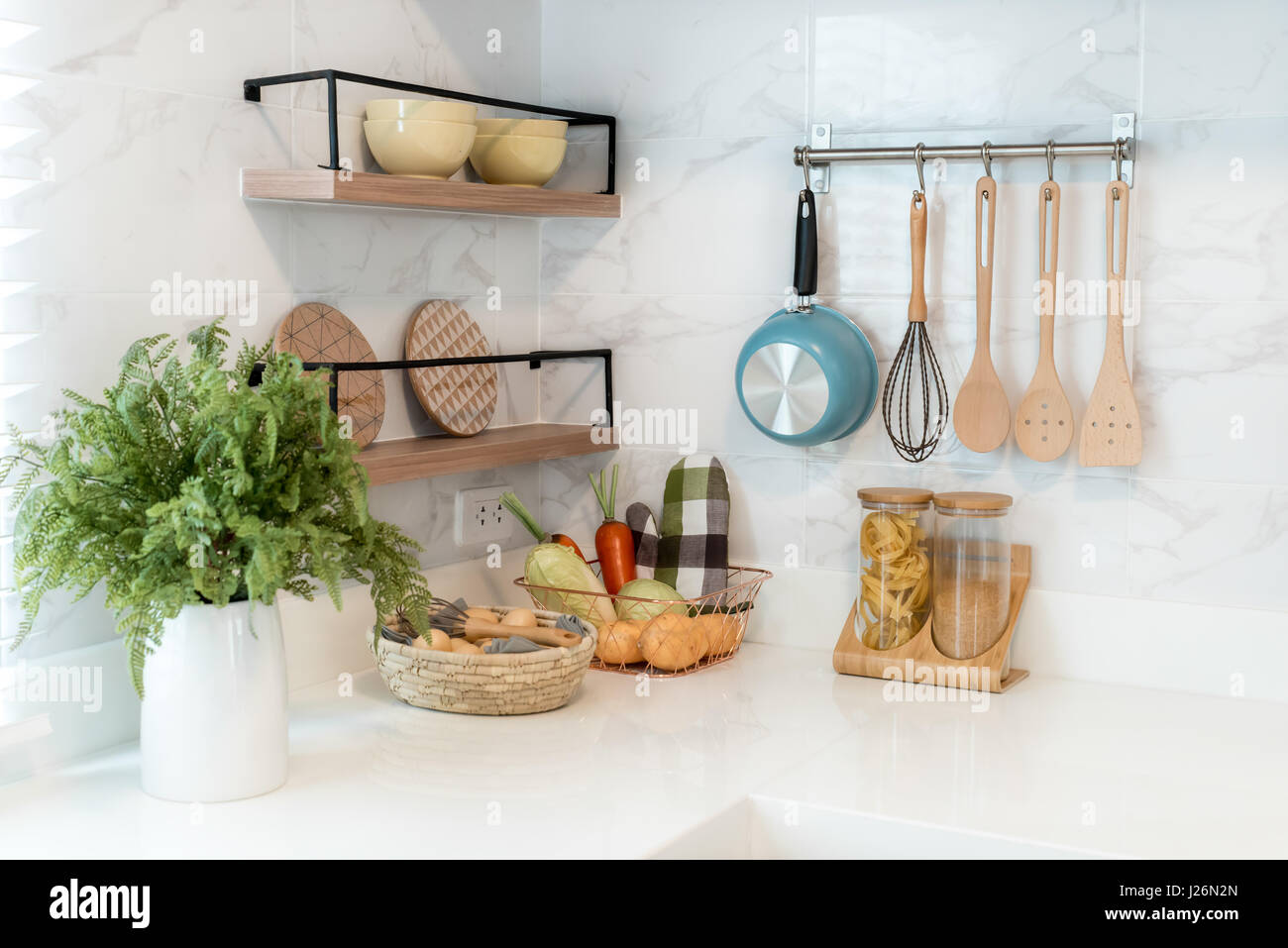 Kitchen wood utensils, chef accessories. Hanging copper kitchen with ...