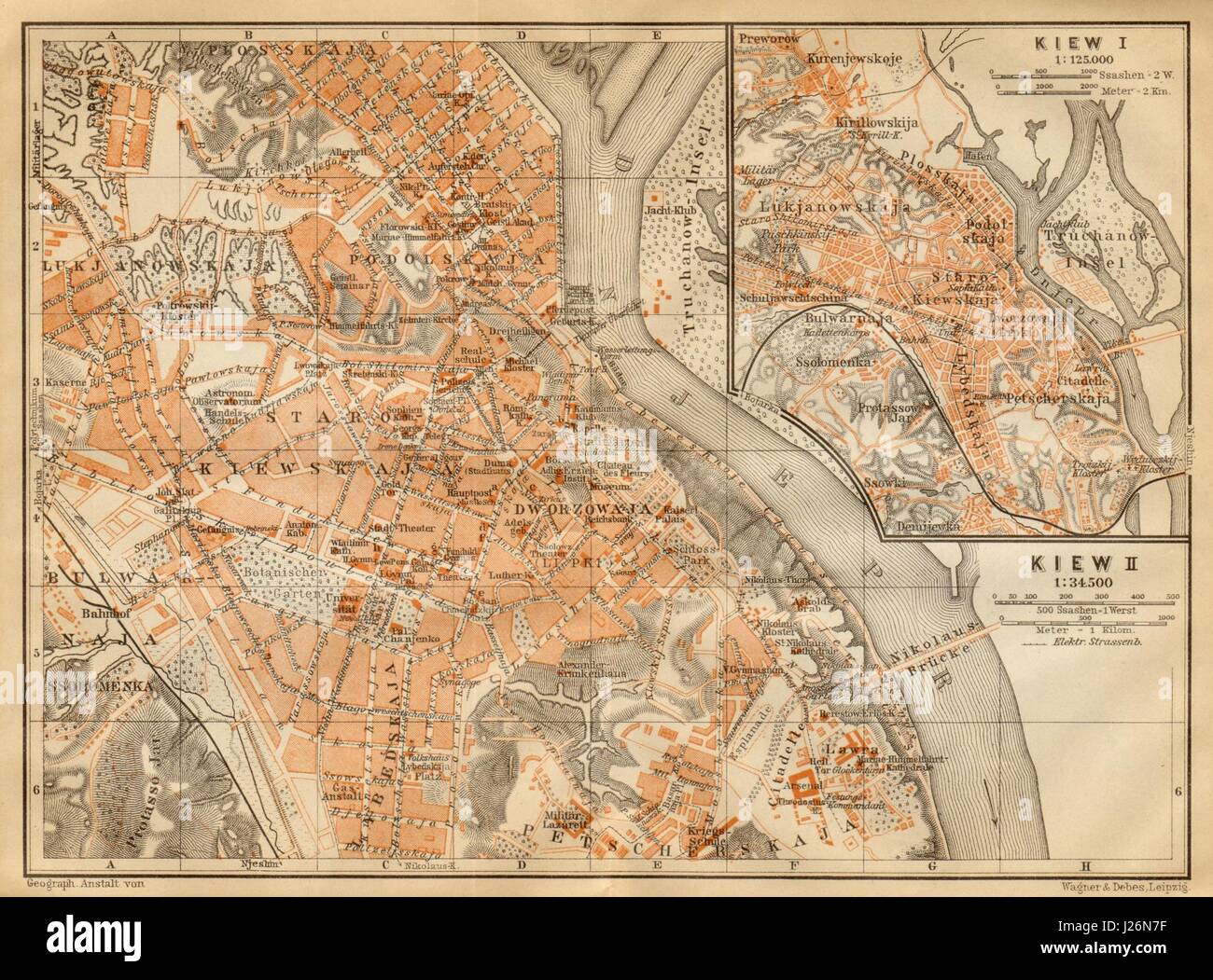 Kiev town/city plan. Ukraine. Kiew. BAEDEKER 1912 old antique map chart ...
