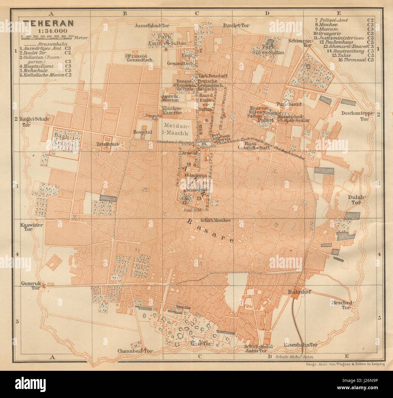 Tehran town/city plan. Iran. Teheran. BAEDEKER 1912 old antique map ...