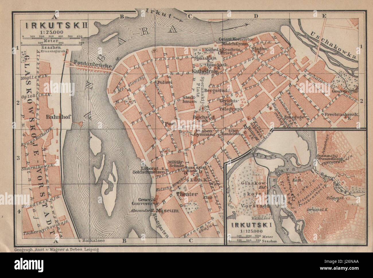 Irkutsk town/city plan. Russia. BAEDEKER 1912 old antique map chart ...