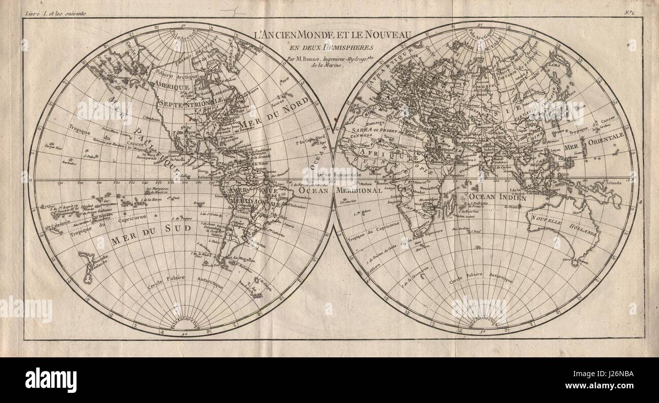 "L'Ancien Monde et le Nouveau en Deux Hemispheres". World. BONNE 1780 ...