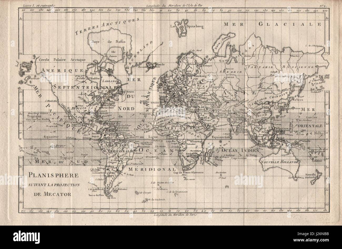 "Planisphere suivant la projection de Mercator". World. BONNE 1780 old ...