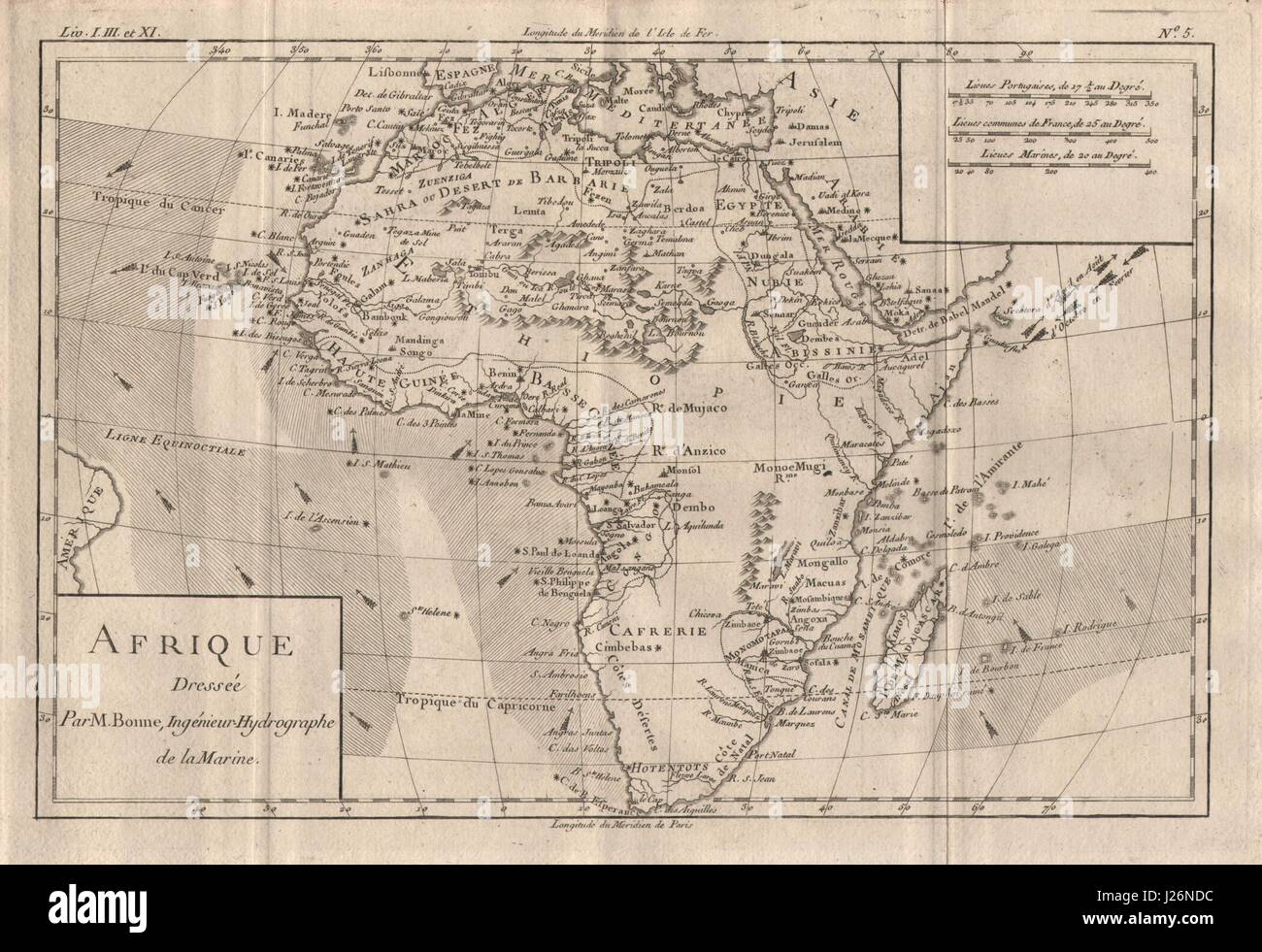 "Afrique". Africa, showing the trade winds. BONNE 1780 old antique map ...