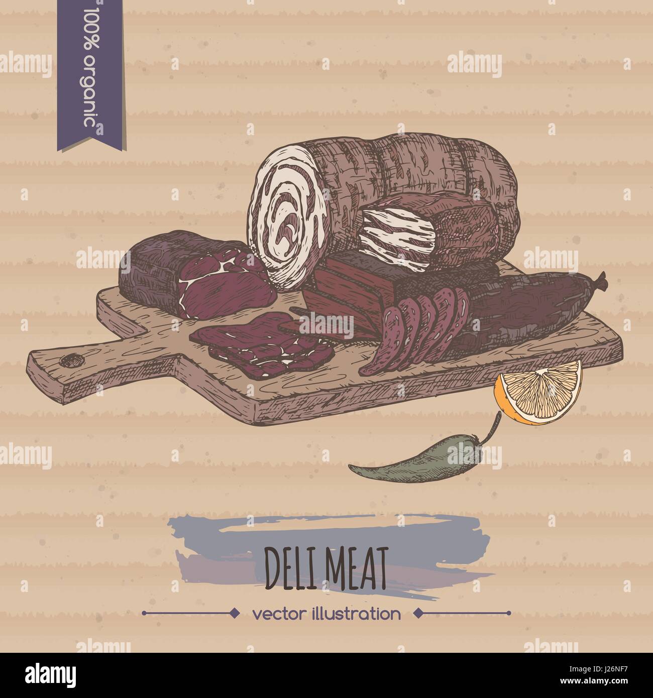 Color vintage deli meats platter template placed on cardboard ...