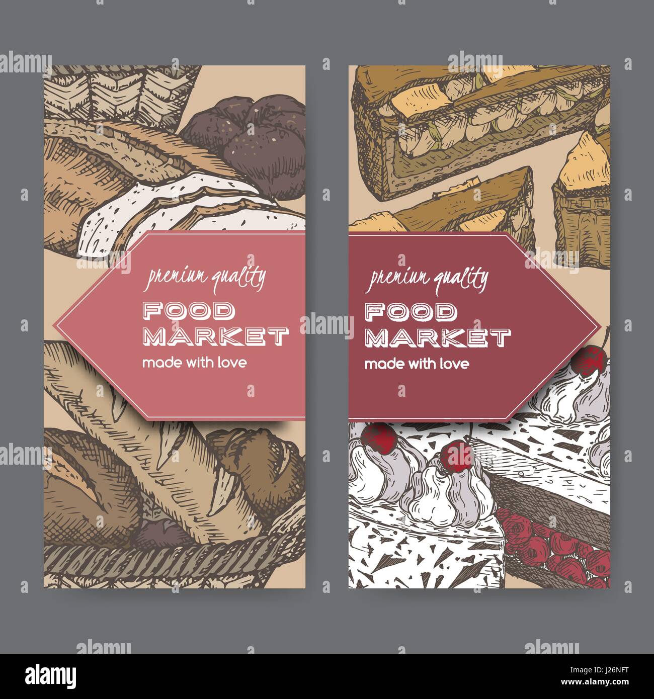 Two color food market label templates with bread and pastry Stock ...