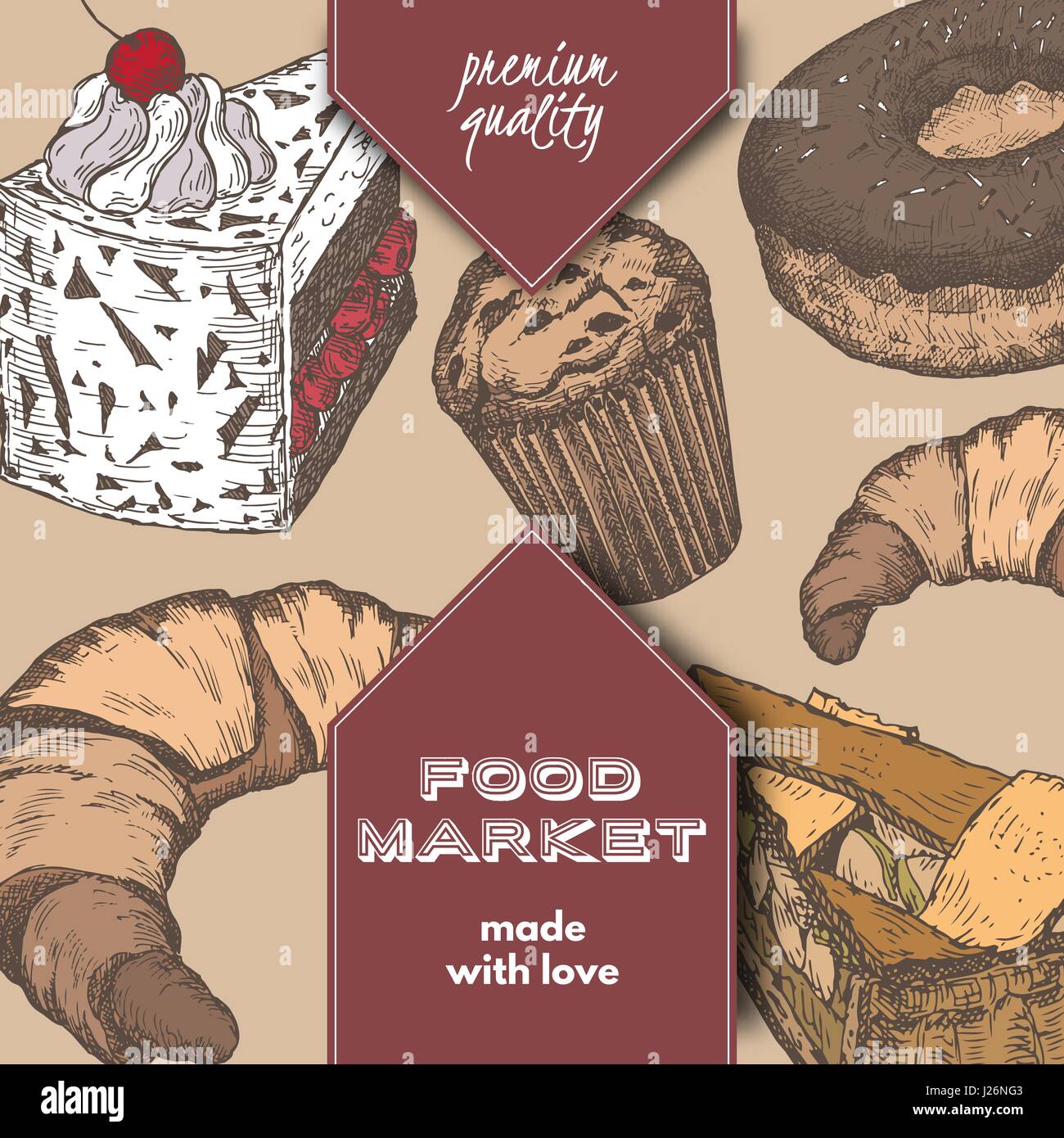 Color food market label with pie, cake, doughnut and croissant Stock ...