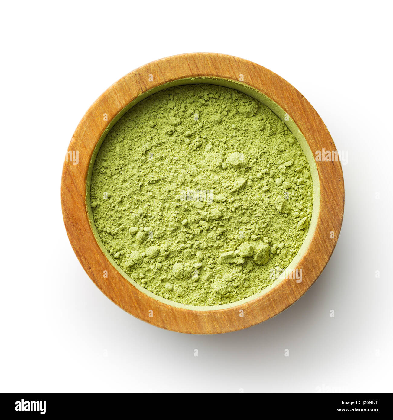 Green matcha tea powder in bowl isolated on white background. Top view ...