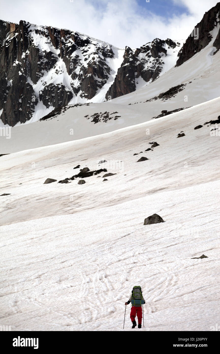 Hiker in snowy mountain at nice spring day. Turkey, Kachkar Mountains ...