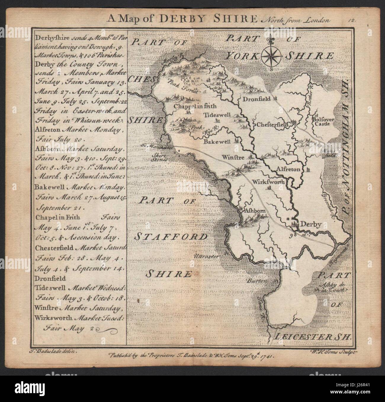 Antique county map of Derbyshire by Badeslade & Toms 1742 old Stock ...