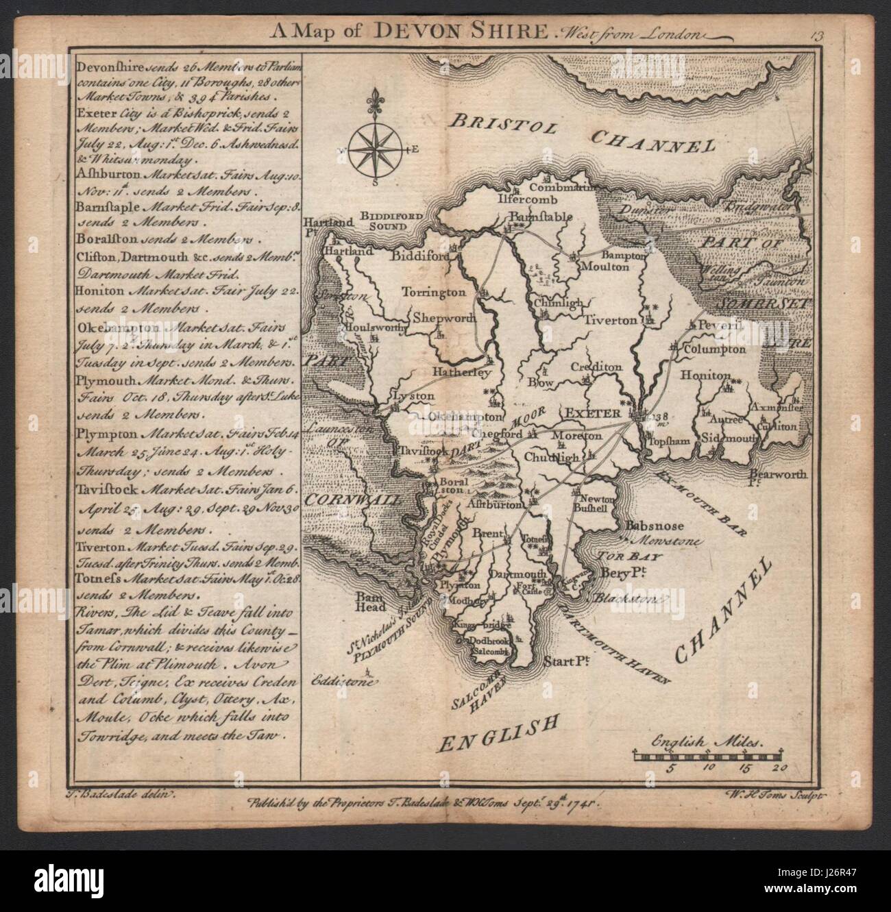 Antique county map of Devonshire by Badeslade & Toms 1742 old Stock ...