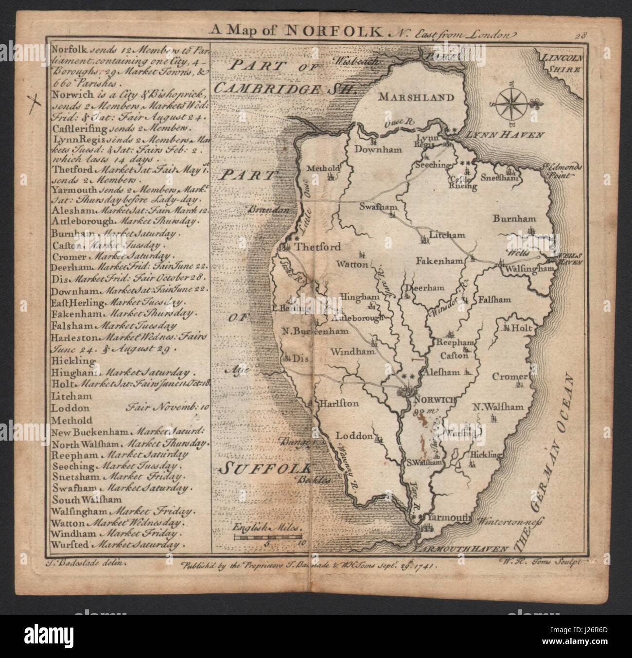 Antique county map of Norfolk by Badeslade & Toms. West orientation ...