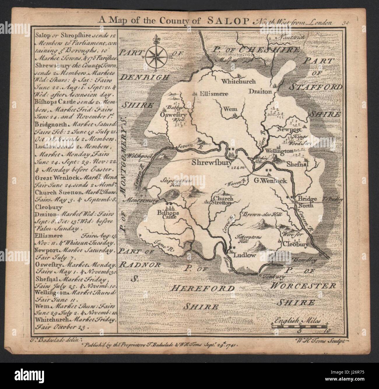 Antique county map of the county of Salop by Badeslade & Toms ...