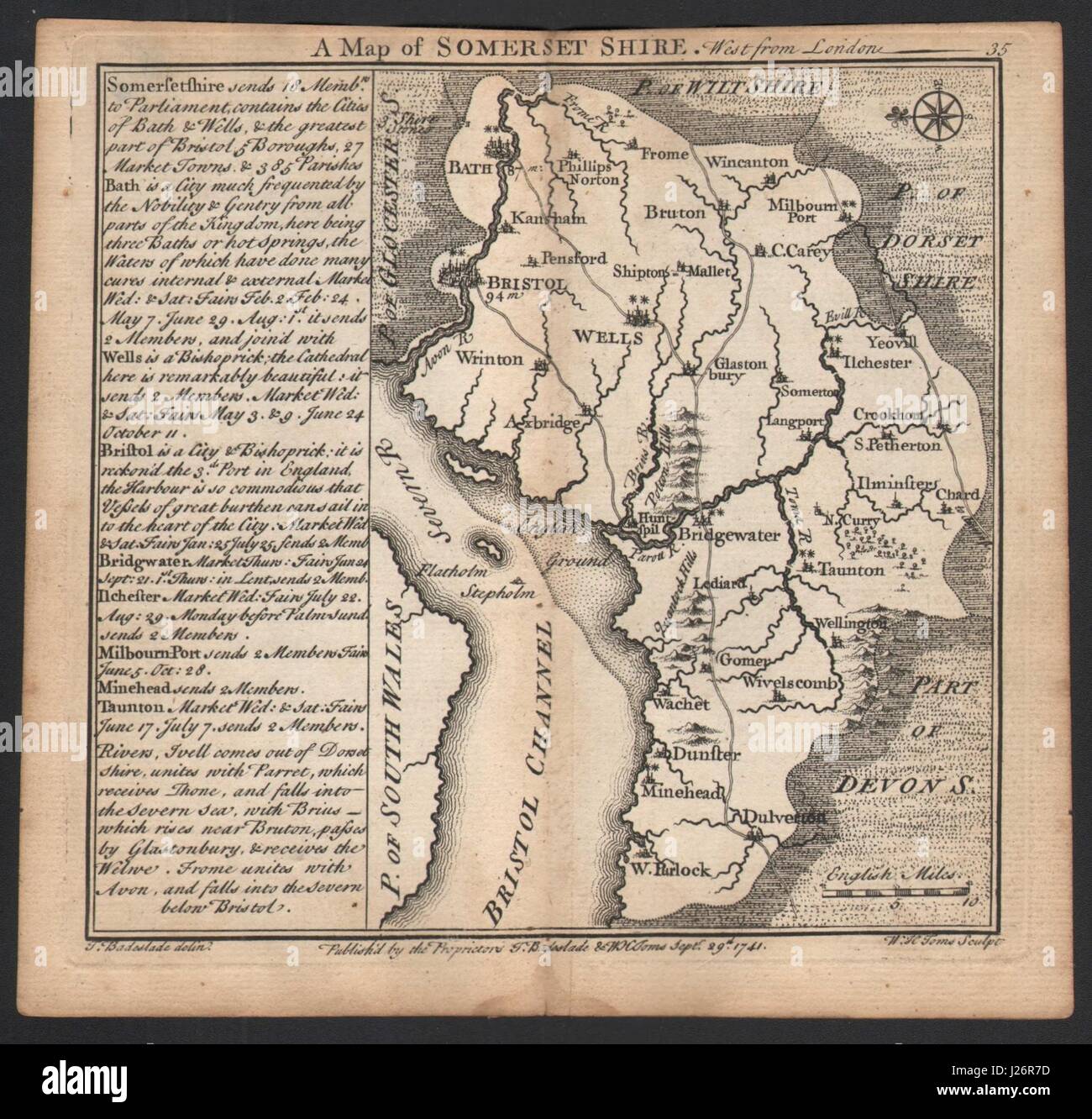 Antique county map of Somersetshire by Badeslade & Toms. East ...