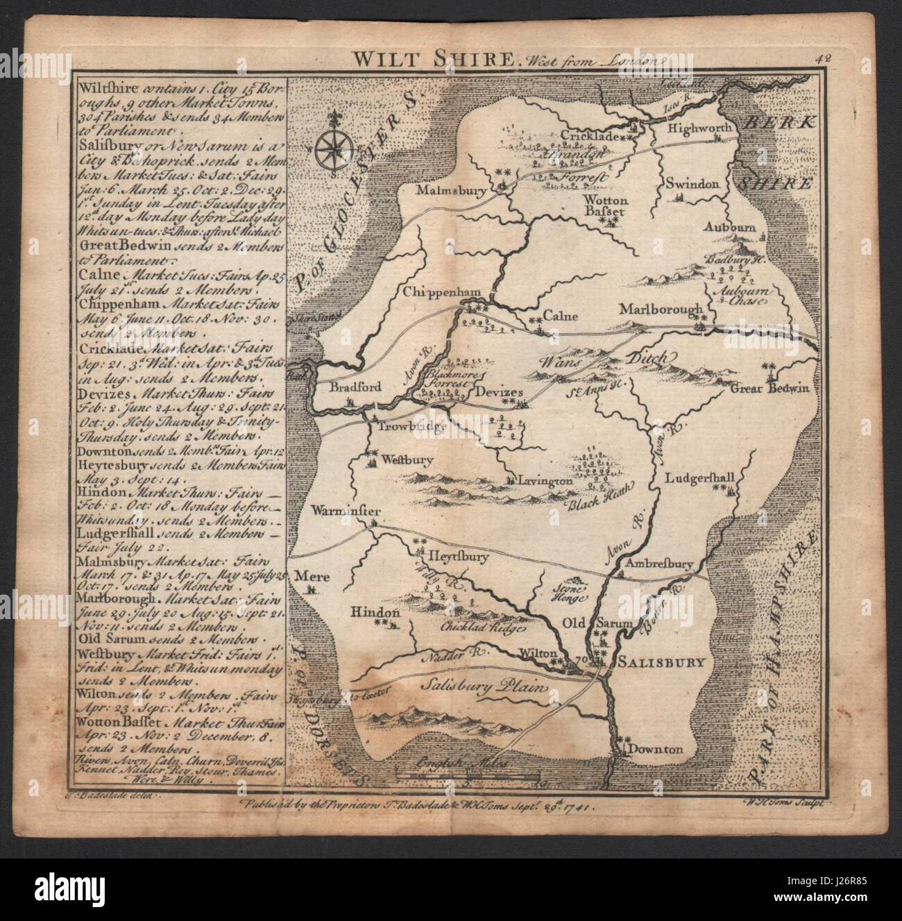 Antique county map of Wiltshire by Badeslade & Toms 1742 old chart ...