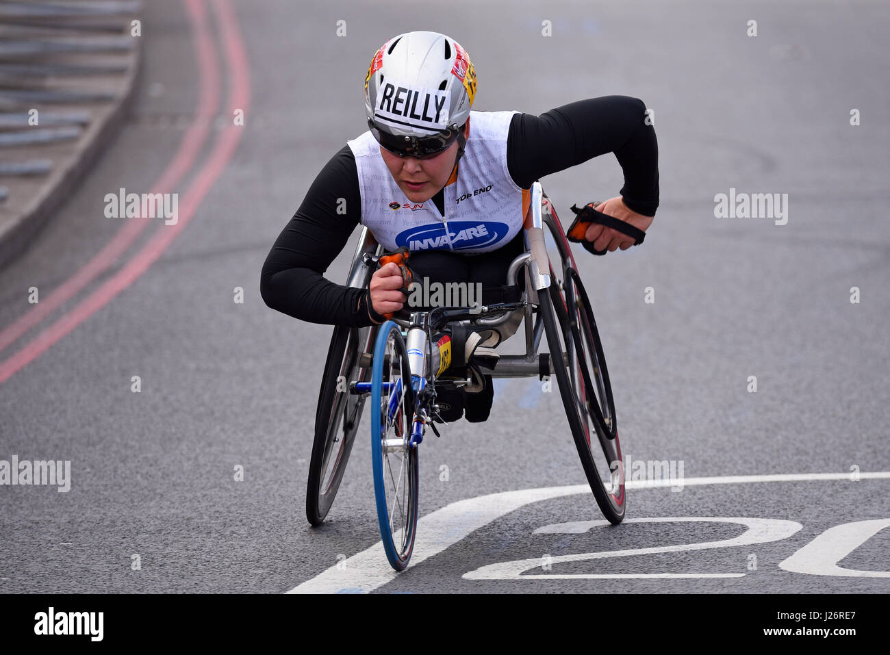 Shirley Reilly racing in the 2017 Virgin London Marathon after crossing ...