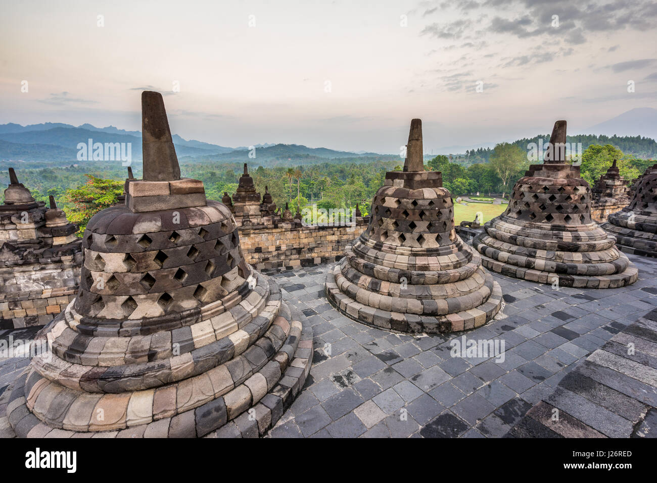9th century Stone Stupa at sunrise at Borobudur Buddhist temple ...