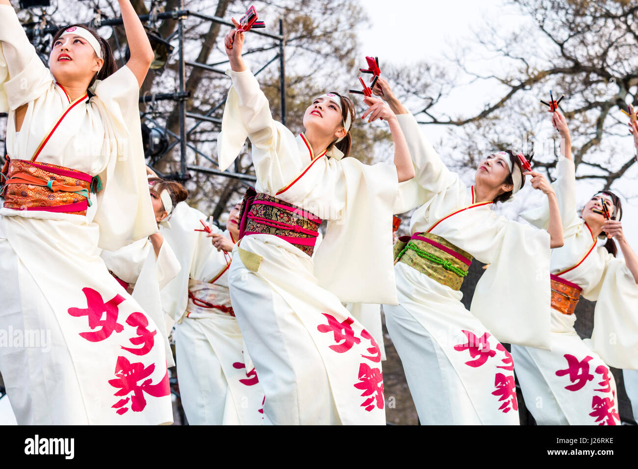 Hinokuni Yosakoi dance Festival at Kumamoto. Japanese women dancing on ...