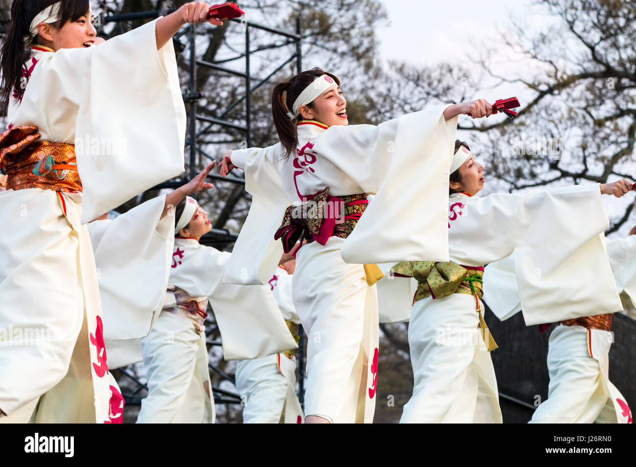 Hinokuni Yosakoi dance Festival at Kumamoto. Japanese women dancing on ...