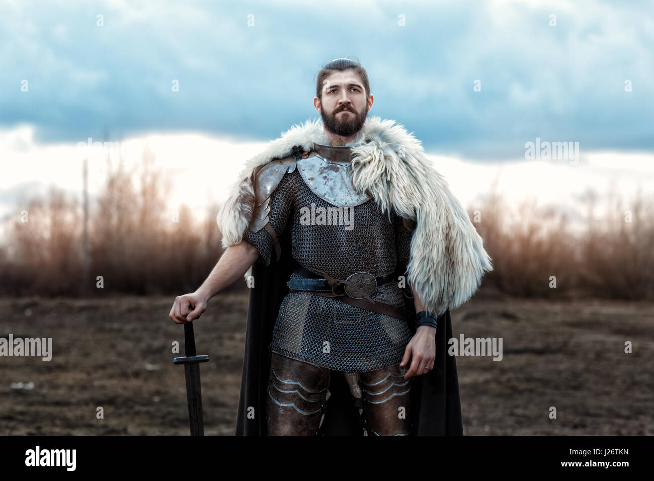 Formidable man warrior in armor and sword standing in a field and ...