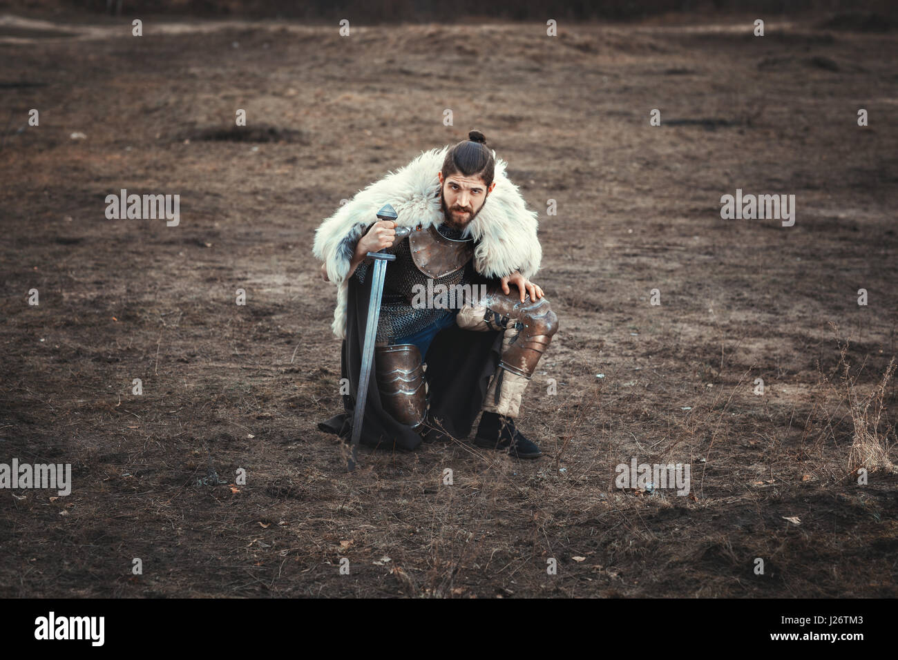 Formidable man with a sword, stood on one knee in the field Stock Photo ...