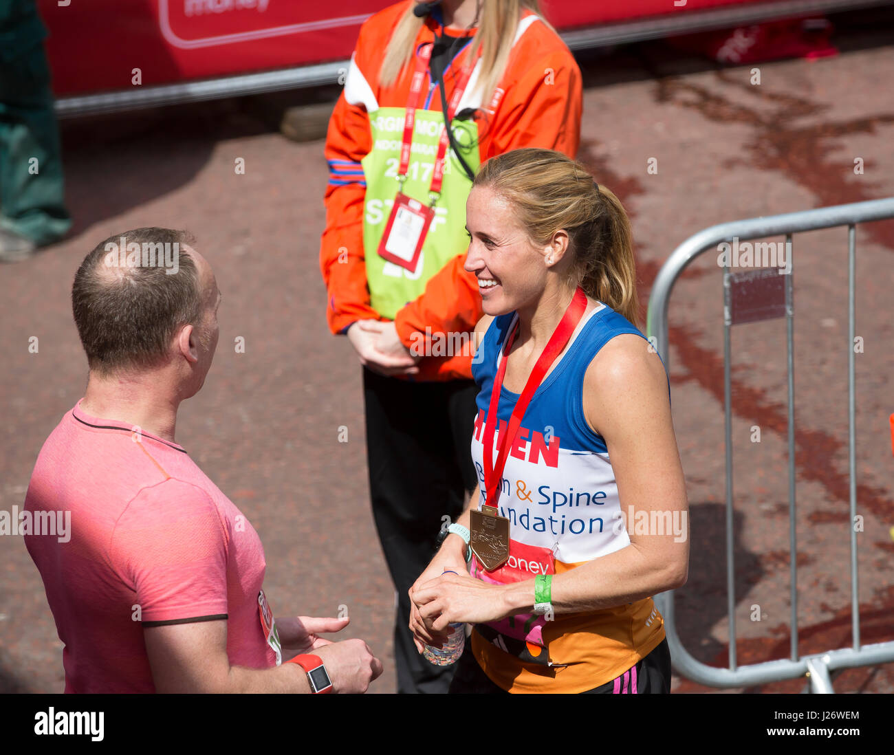 Helen Glover crosses the Virgin London Marathon Finish line in the Mall ...