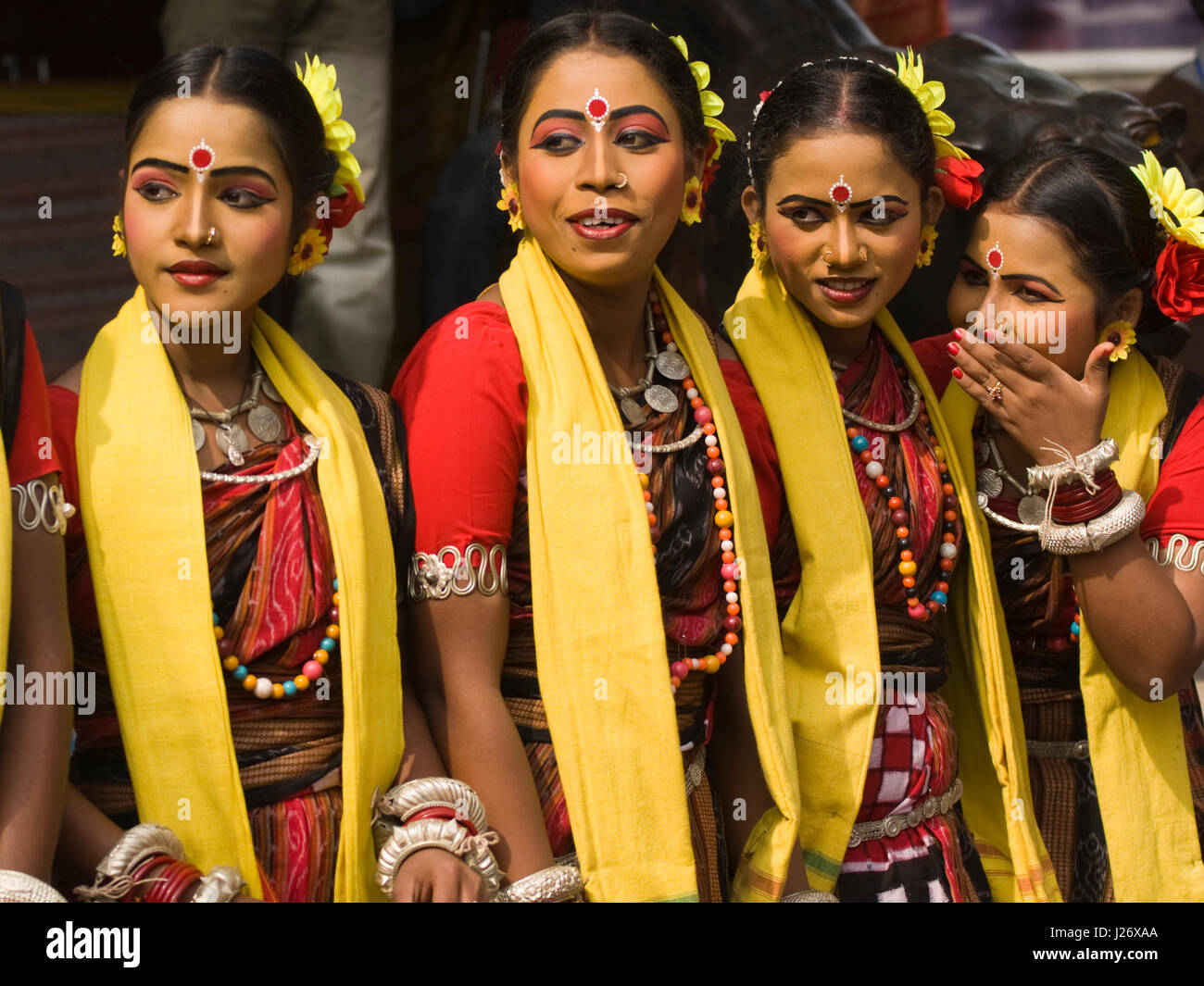 Group of Indian dancers from Assam dressed in traditional regional ...