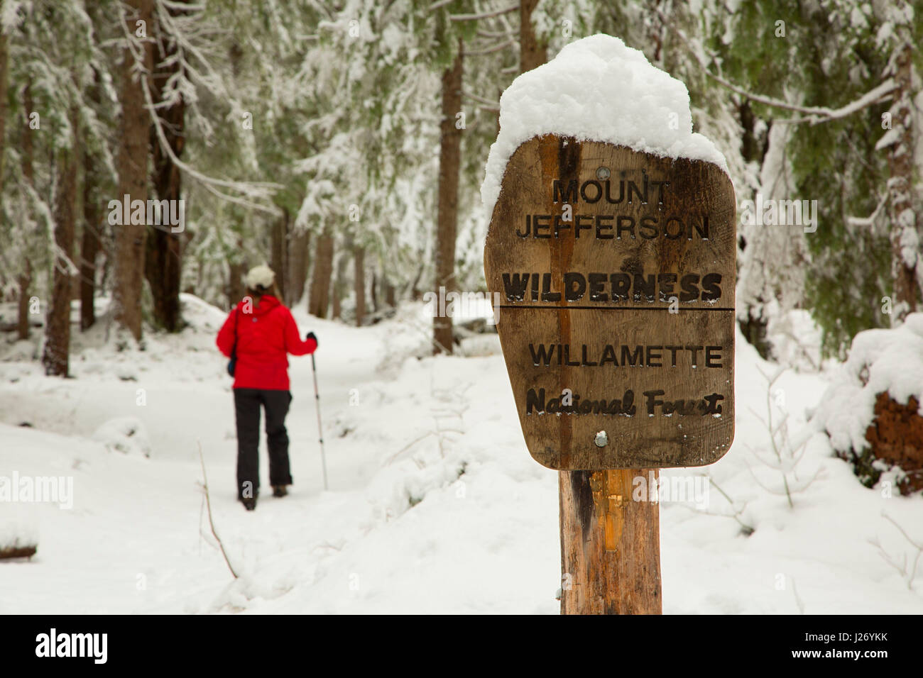 Wilderness boundary sign by Marion Lake Trail in snow, Mt Jefferson ...