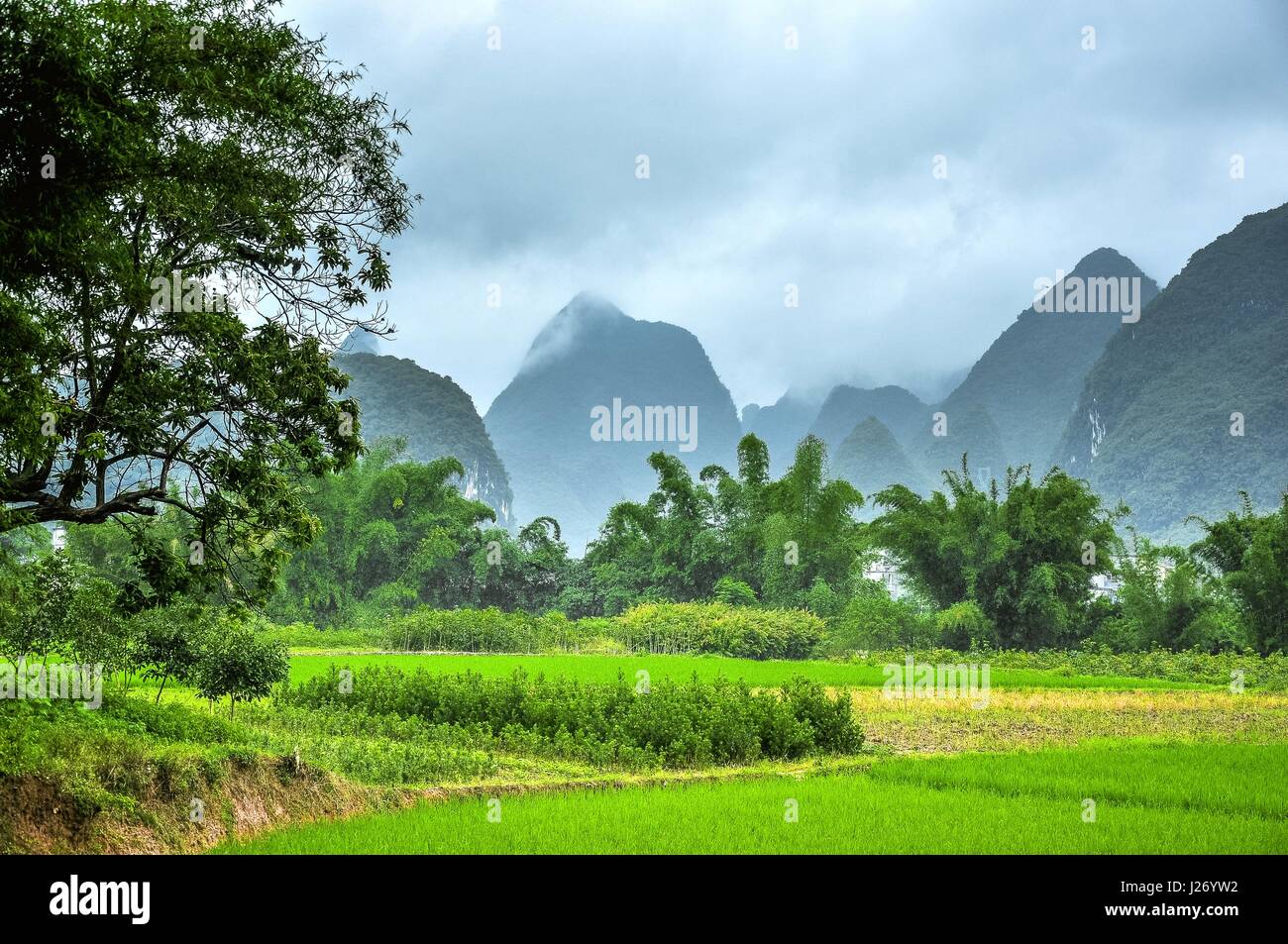 Karst mountains rural scenery in the mist Stock Photo - Alamy