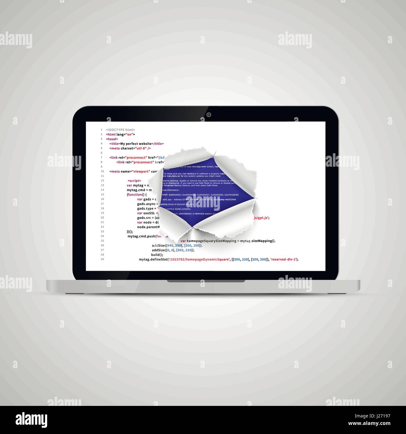Realistic glossy laptop with torn hole in program code with BSOD error ... Realistic glossy laptop with torn hole in program code with BSOD error ...