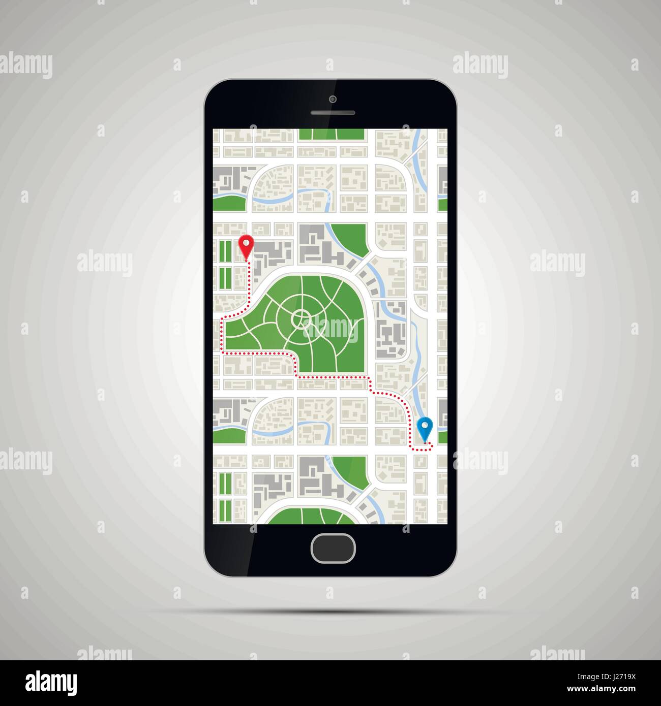 Realistic glossy smartphone with detailed map of city and GPS path on ...