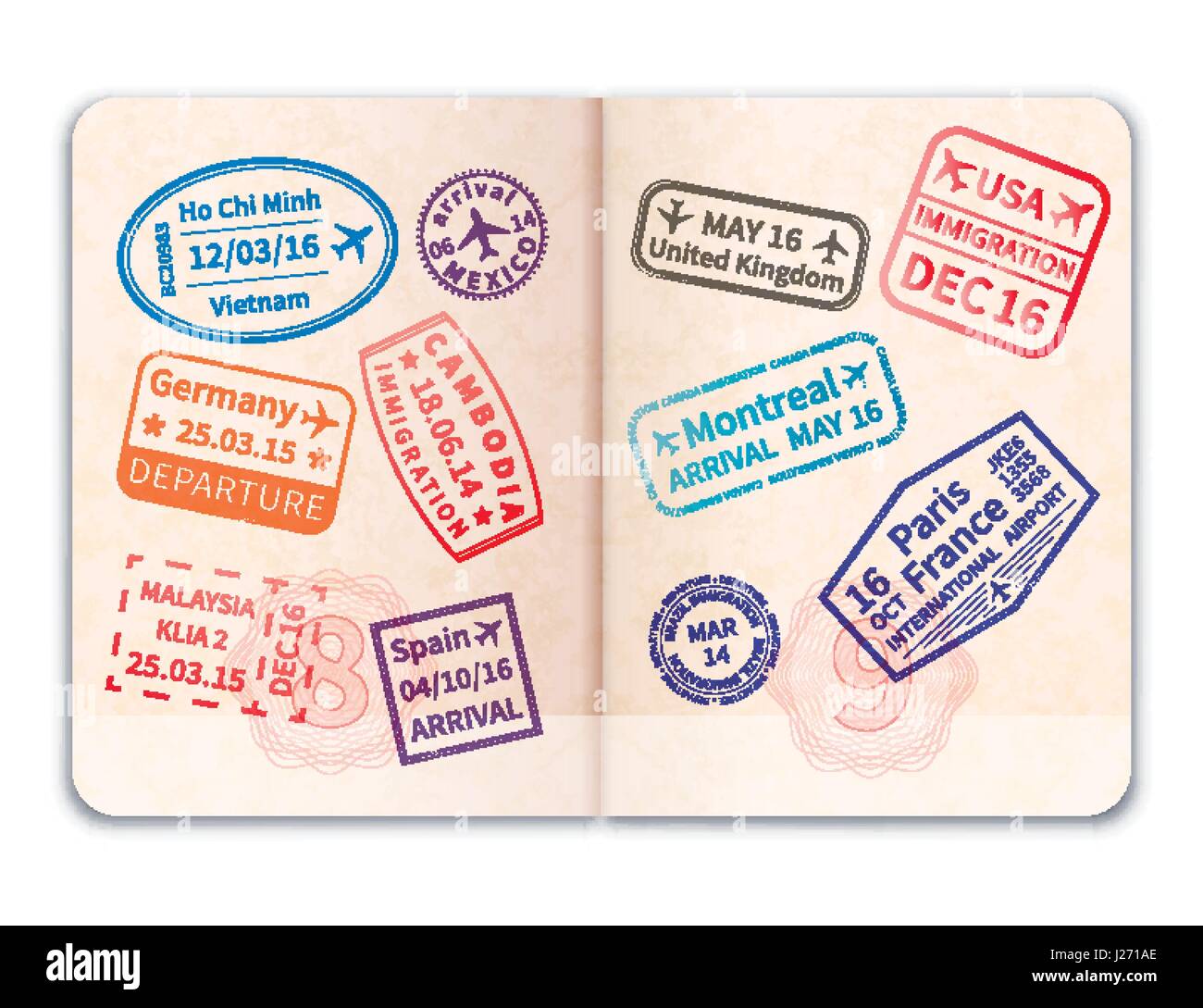 Realistic open foreign passport with many immigration stamps isolated ...