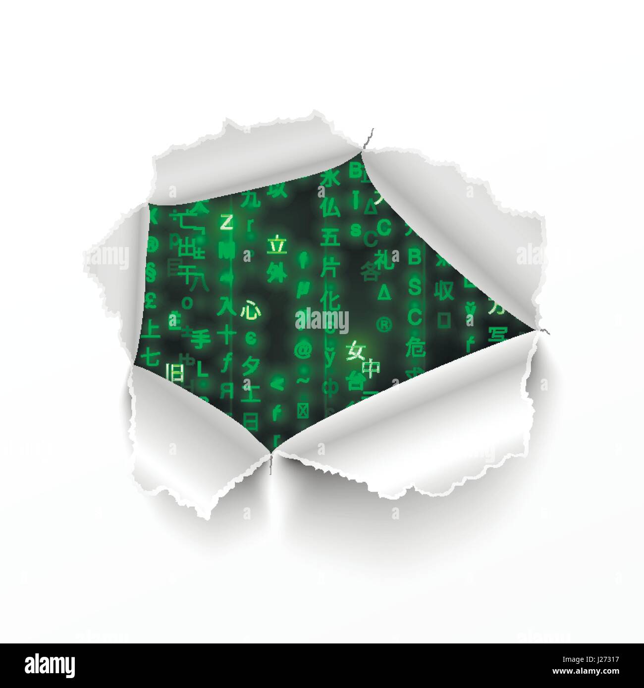 Torn hole in white sheet of paper with matrix code signs Stock Vector ...
