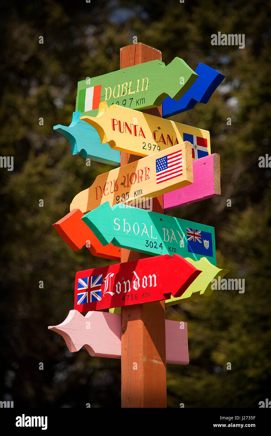 Colorful post indicating directions to multiple countries. Isolated on ...