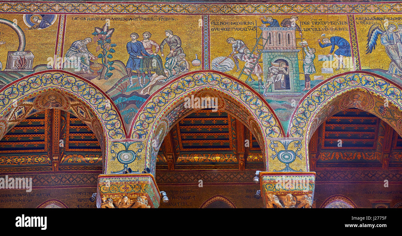 North wall mosaics depicting the building of the tower of Babel in the ...